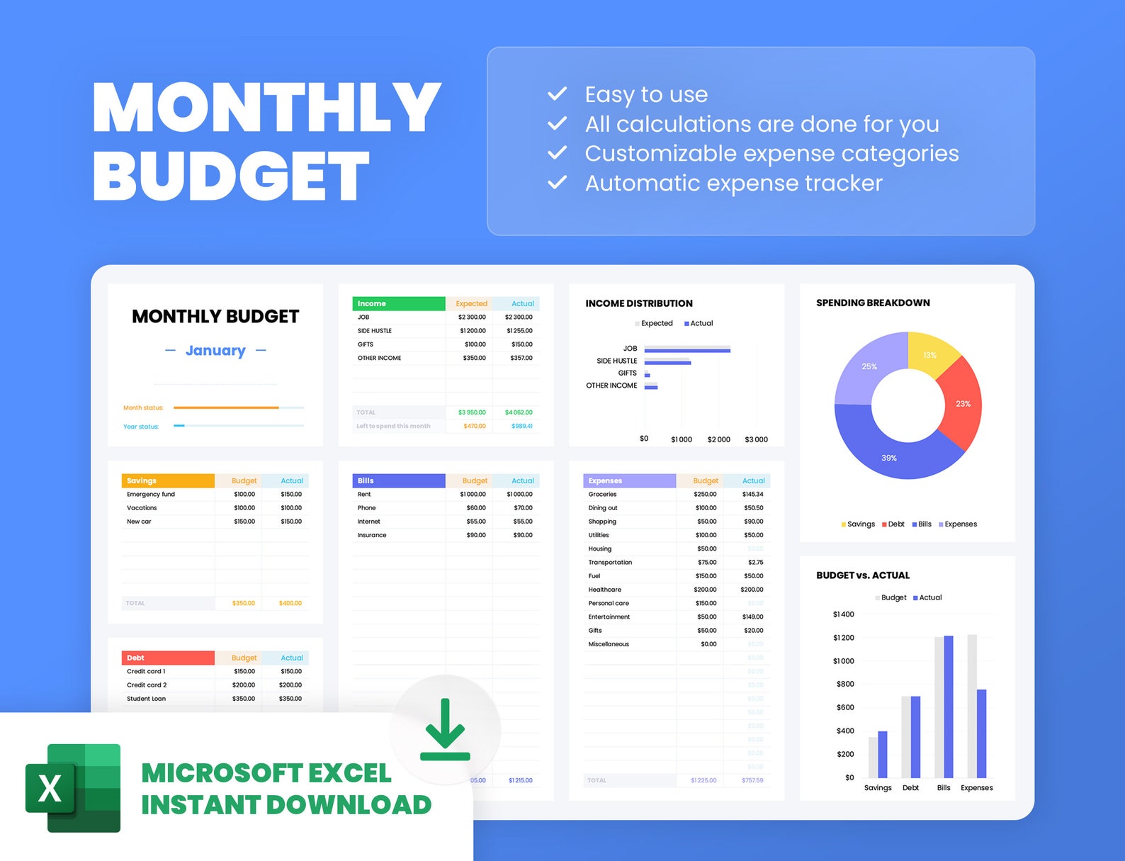 Excel | Simple Monthly Budget Spreadsheet | Monthly Budget Dashboard ...