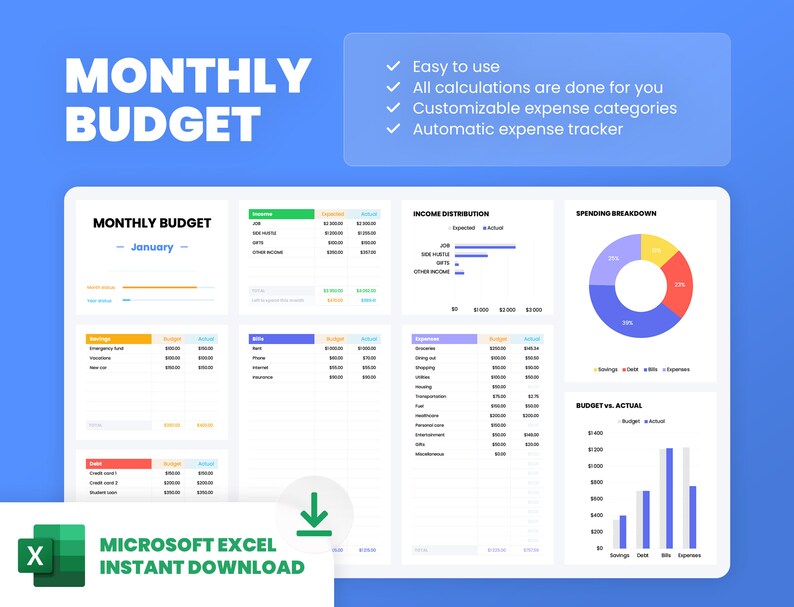 Excel | Simple Monthly Budget Spreadsheet | Monthly Budget Dashboard ...