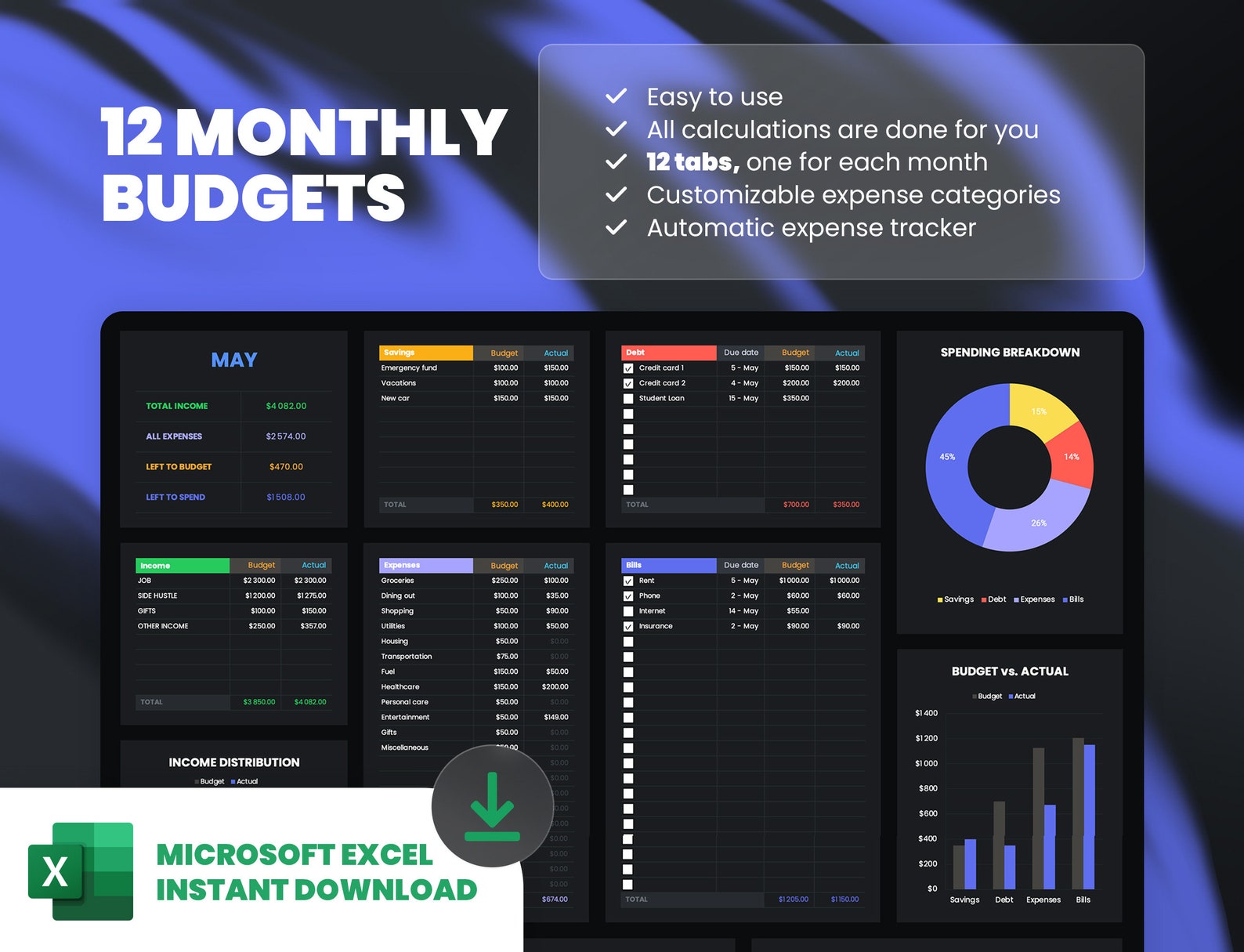 Excel | Dark Mode Annual Budget Spreadsheet | Annual Budget Dashboard ...
