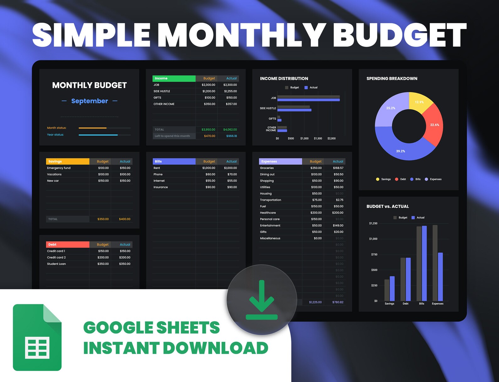 Simple Monthly Budget Spreadsheet Google Sheets Budget - Etsy
