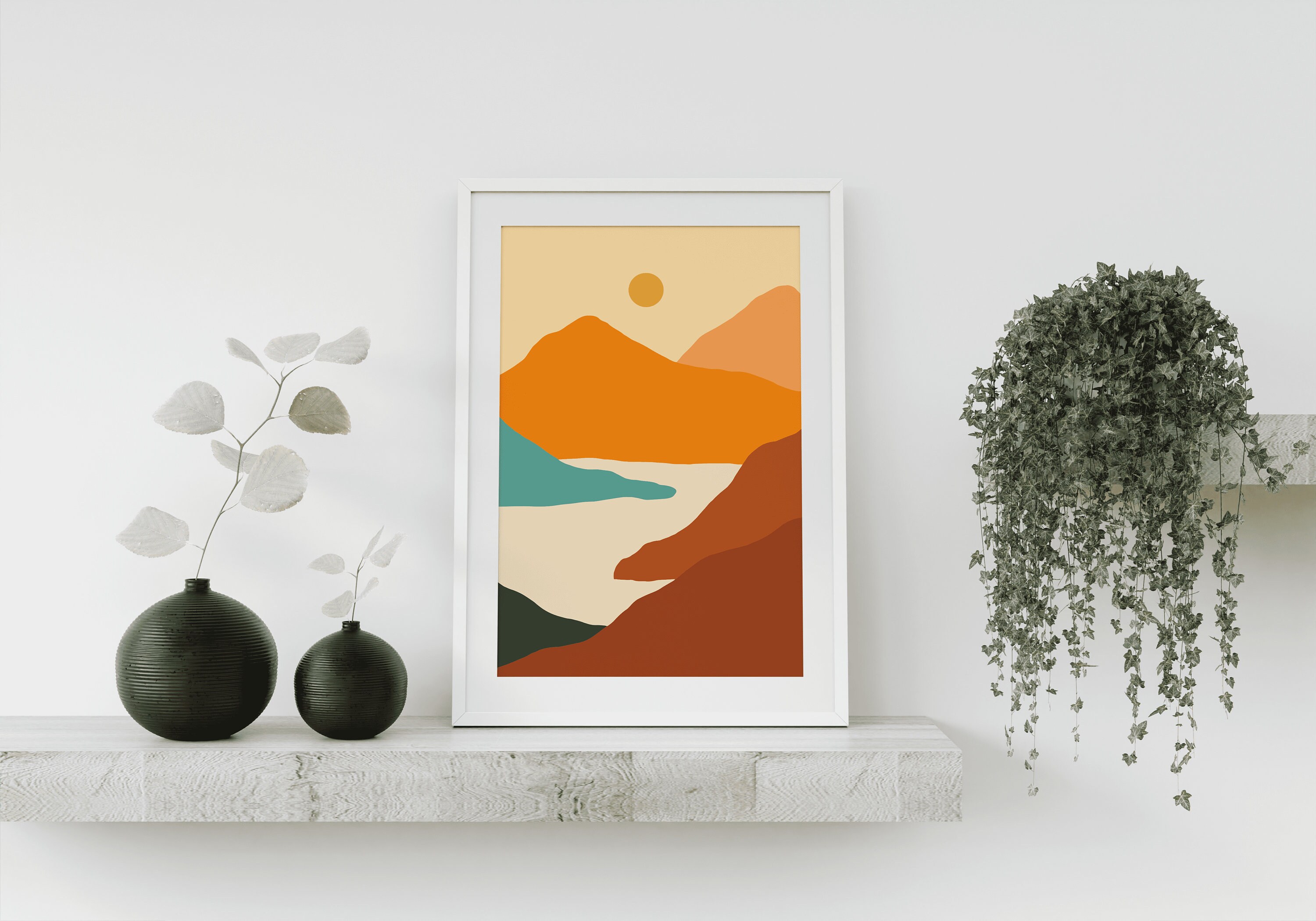 Bohemian Mountain Sunset Print, Mid Century Orange Lake Minimalist Art ...