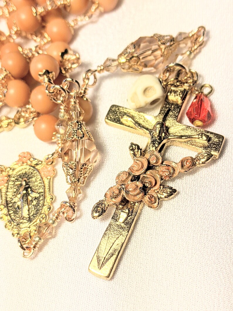 Rosary-beautiful-salmon Jasper Gemstones- Austrian Crystal- Gold Plated ...