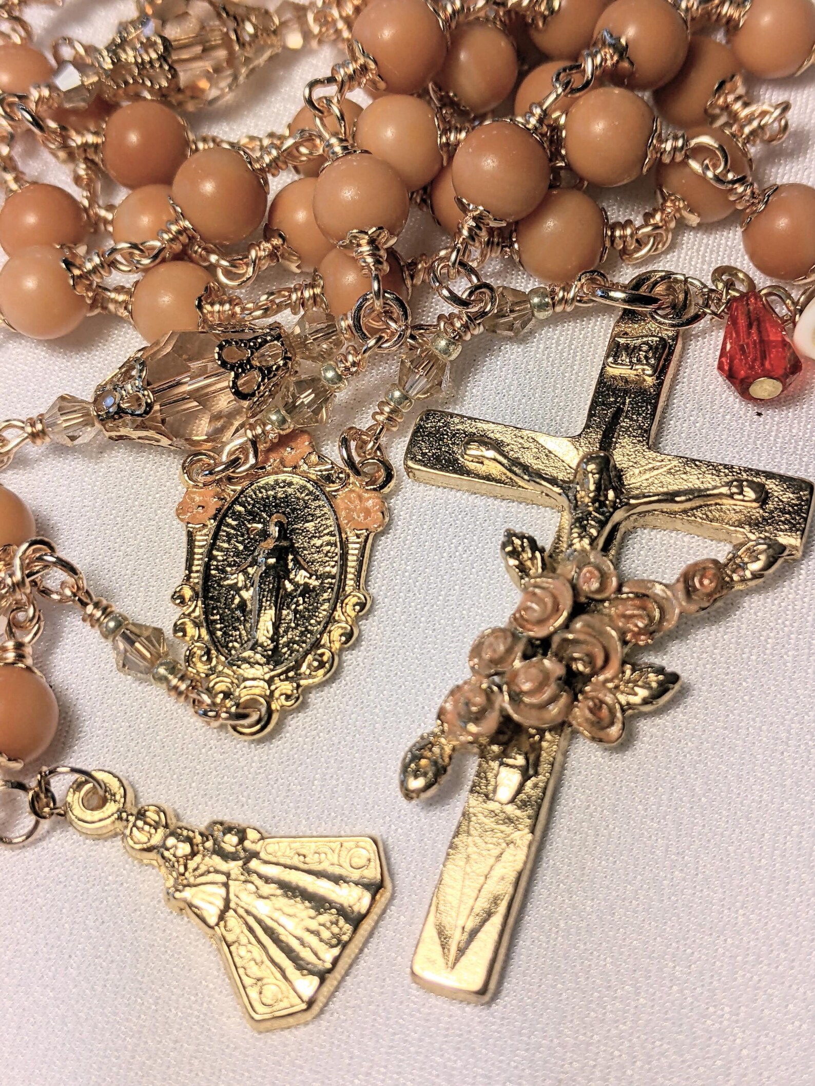 Rosary-beautiful-salmon Jasper Gemstones- Austrian Crystal- Gold Plated ...