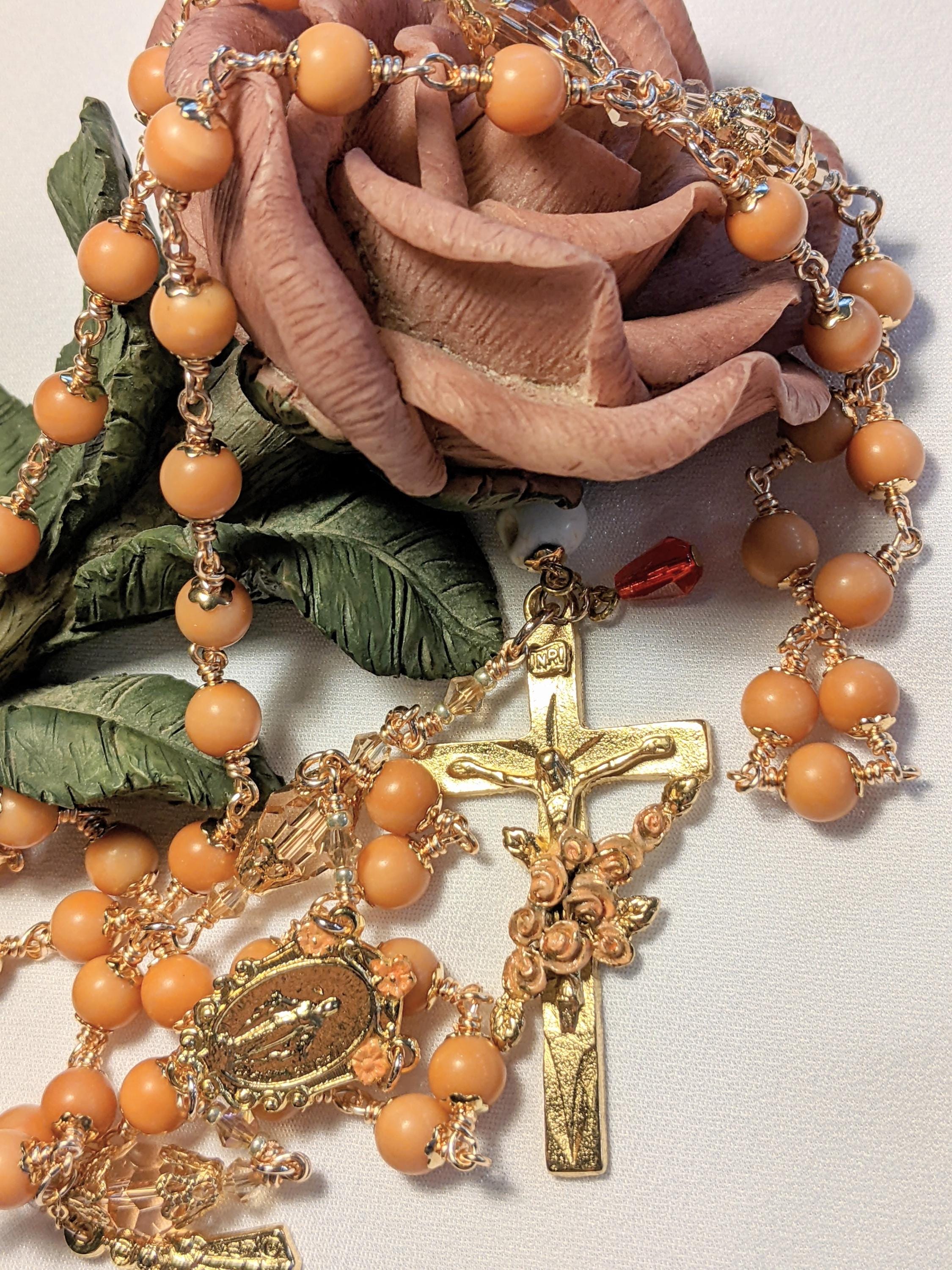 Rosary-beautiful-salmon Jasper Gemstones- Austrian Crystal- Gold Plated ...