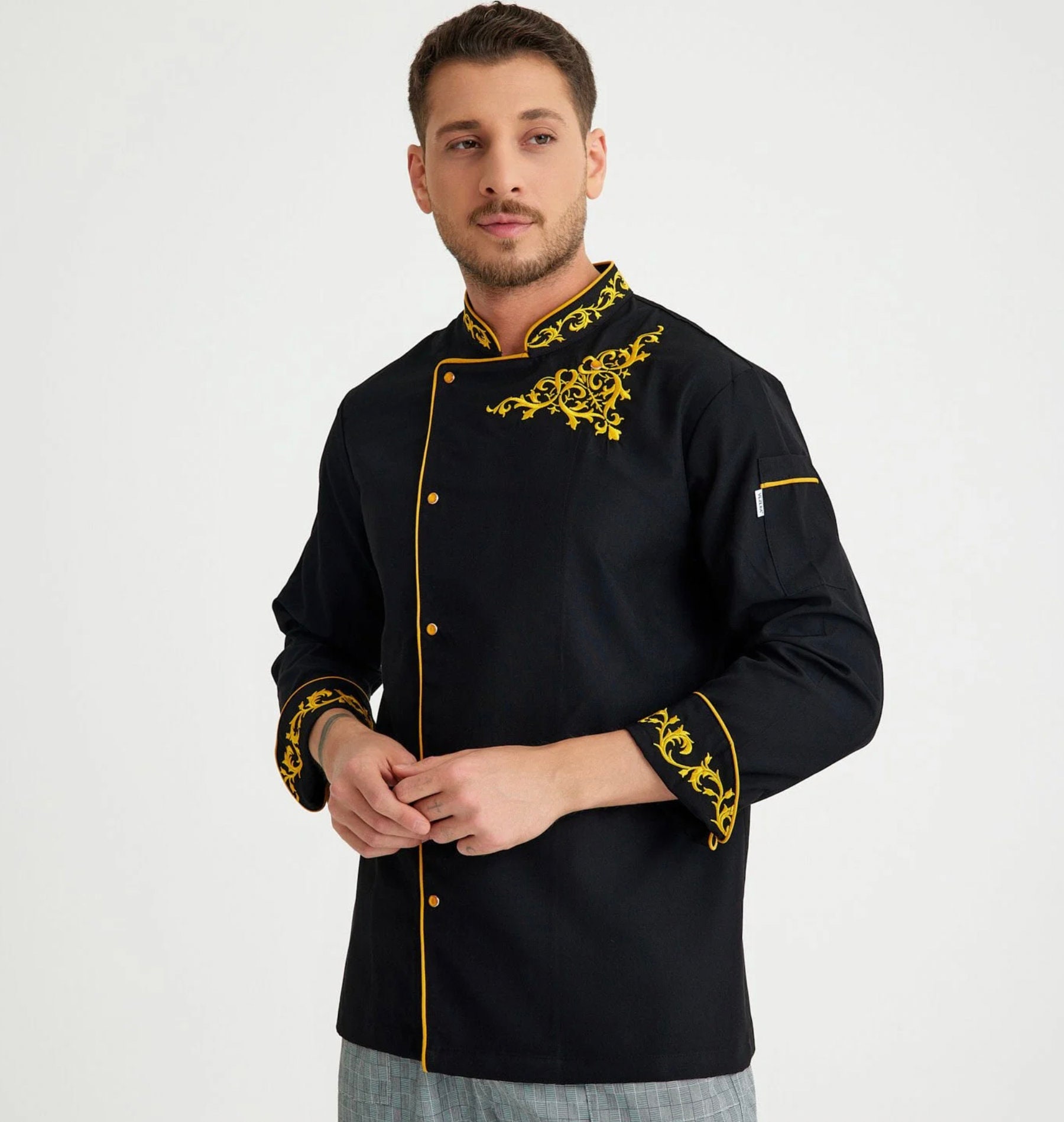 Black Gold Embroidery Chef Lycra Cook Jackethigh Quality Embroidery on ...