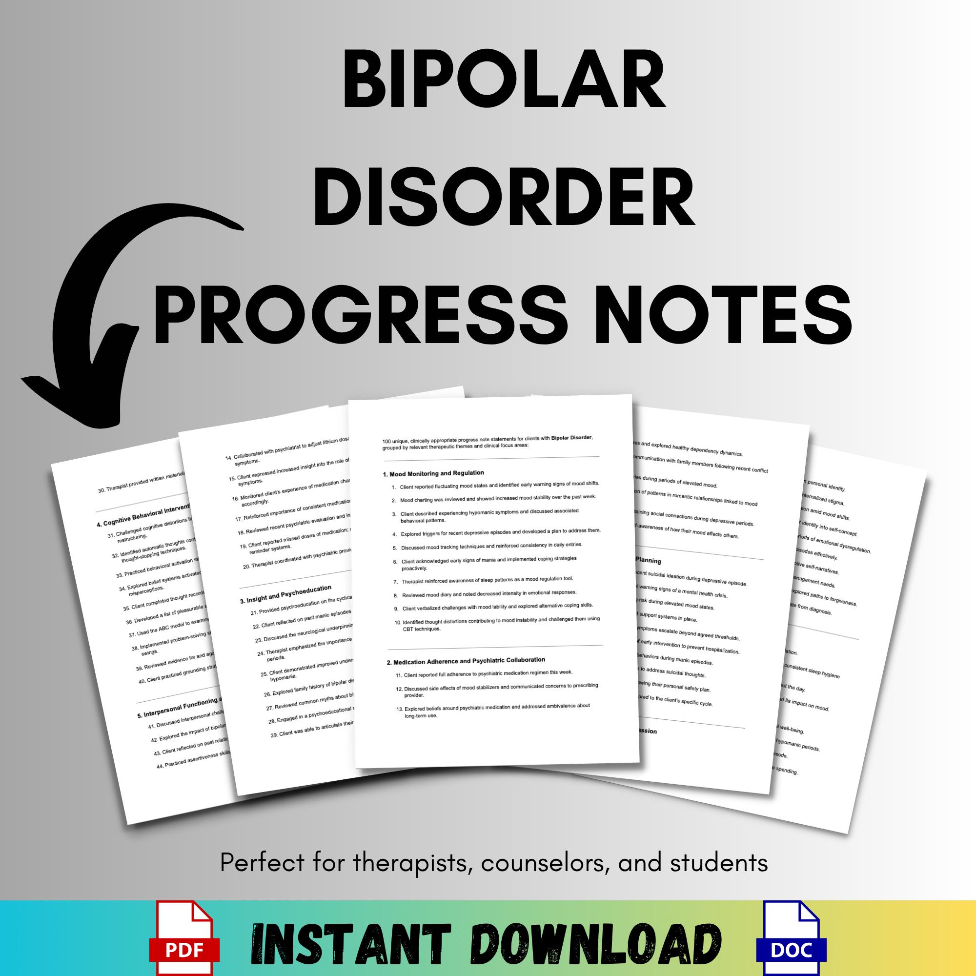 Bipolar Disorder Progress Note Statements Therapy Documentation Tool ...
