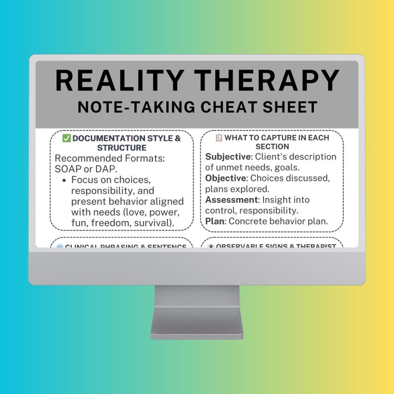 Reality Therapy Note-taking Cheat Sheet SOAP DAP Clinical Documentation ...