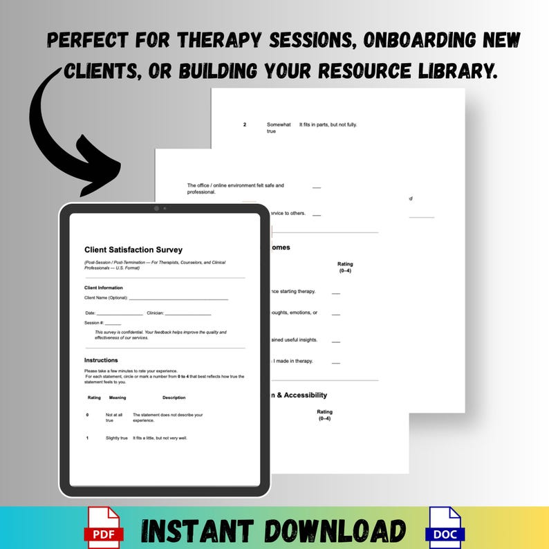 Client Satisfaction Survey Therapist Tool Editable PDF Word Counseling ...