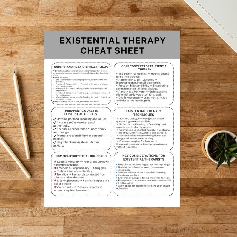 Existential Therapy Cheat Sheet Existential Counseling Guide Therapy ...