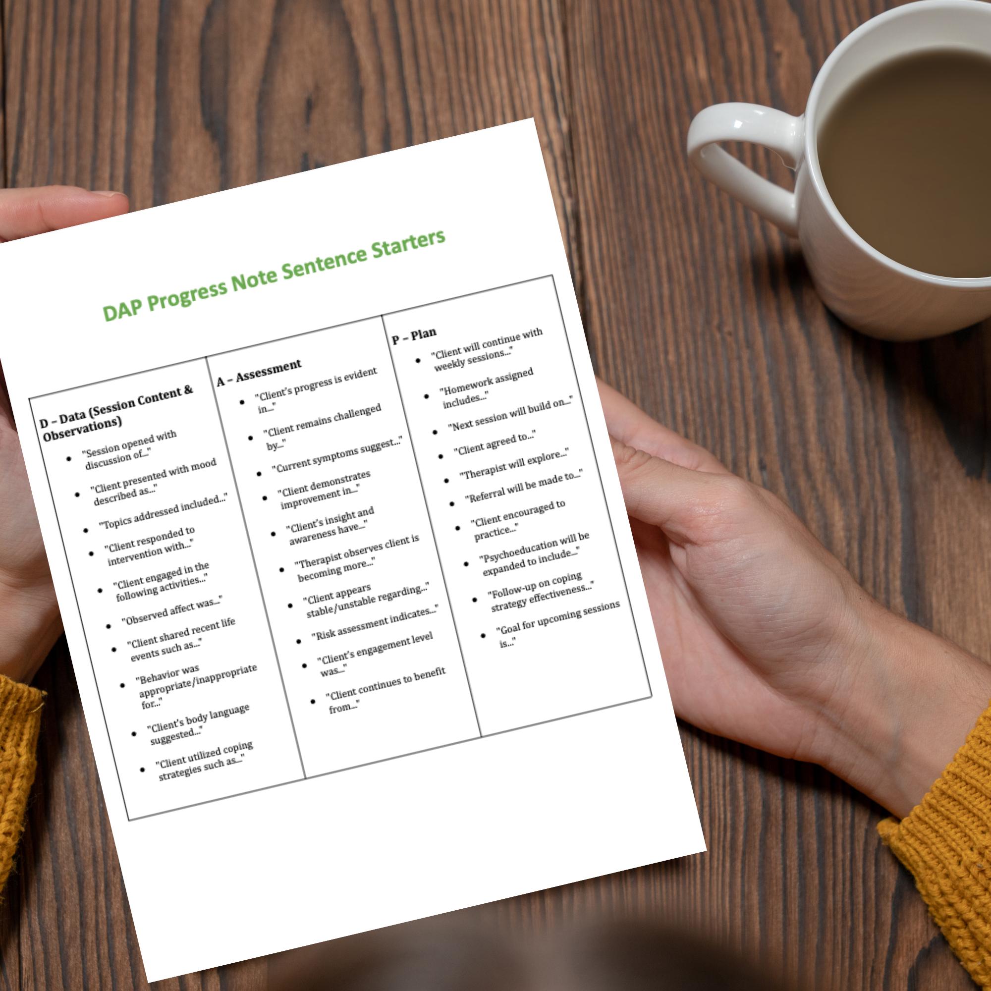 DAP Note Sentence Starters Therapist Progress Notes Editable Sentence ...