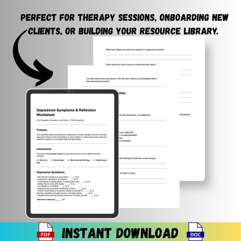 Depression Symptoms Reflection Worksheet Therapist Tool PHQ9 Inspired ...