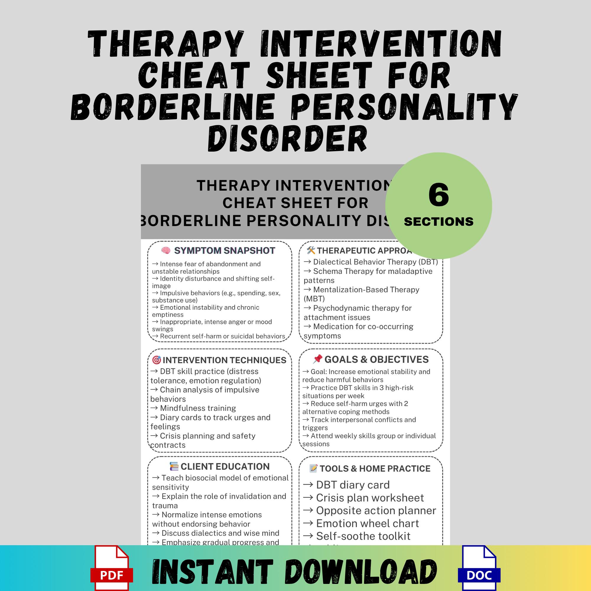 Borderline Personality Disorder BPD Therapy Interventions Cheat Sheet ...