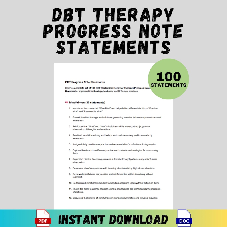 DBT Progress Notes Dialectical Behavior Therapy Statements Therapist ...