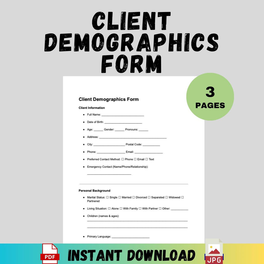 Client Demographics Form Therapist Tool Counseling Intake Editable ...