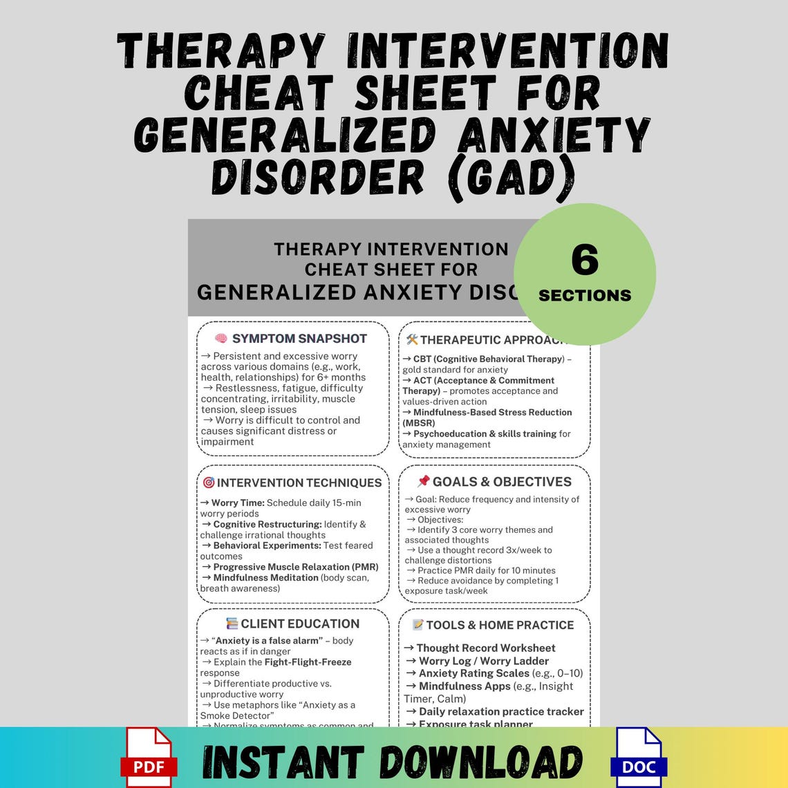 GAD Therapy Intervention Cheat Sheet Printable Counseling Tool Anxiety ...