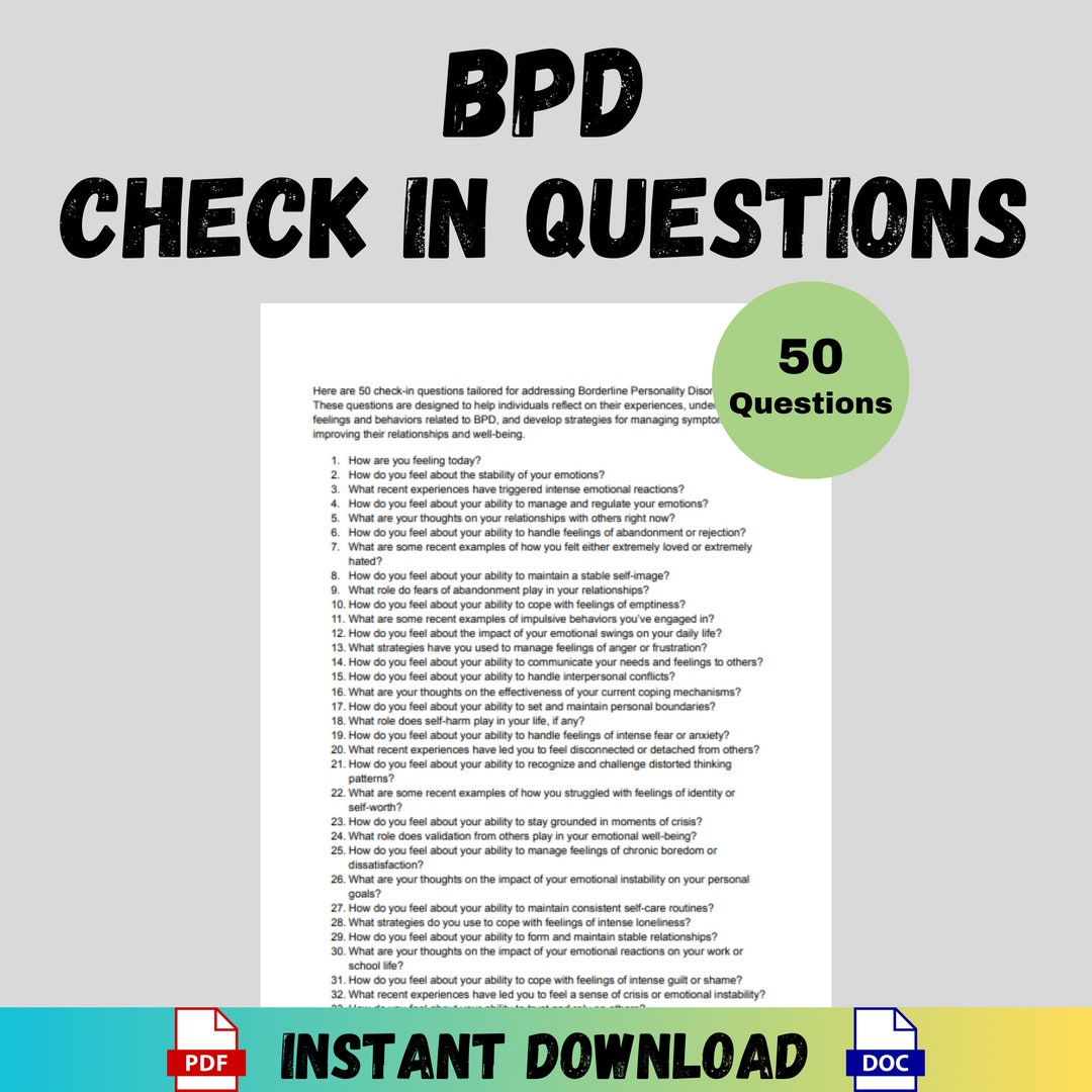 BPD Therapy Questions Therapy Tools Printable PDF Word BPD Check in ...