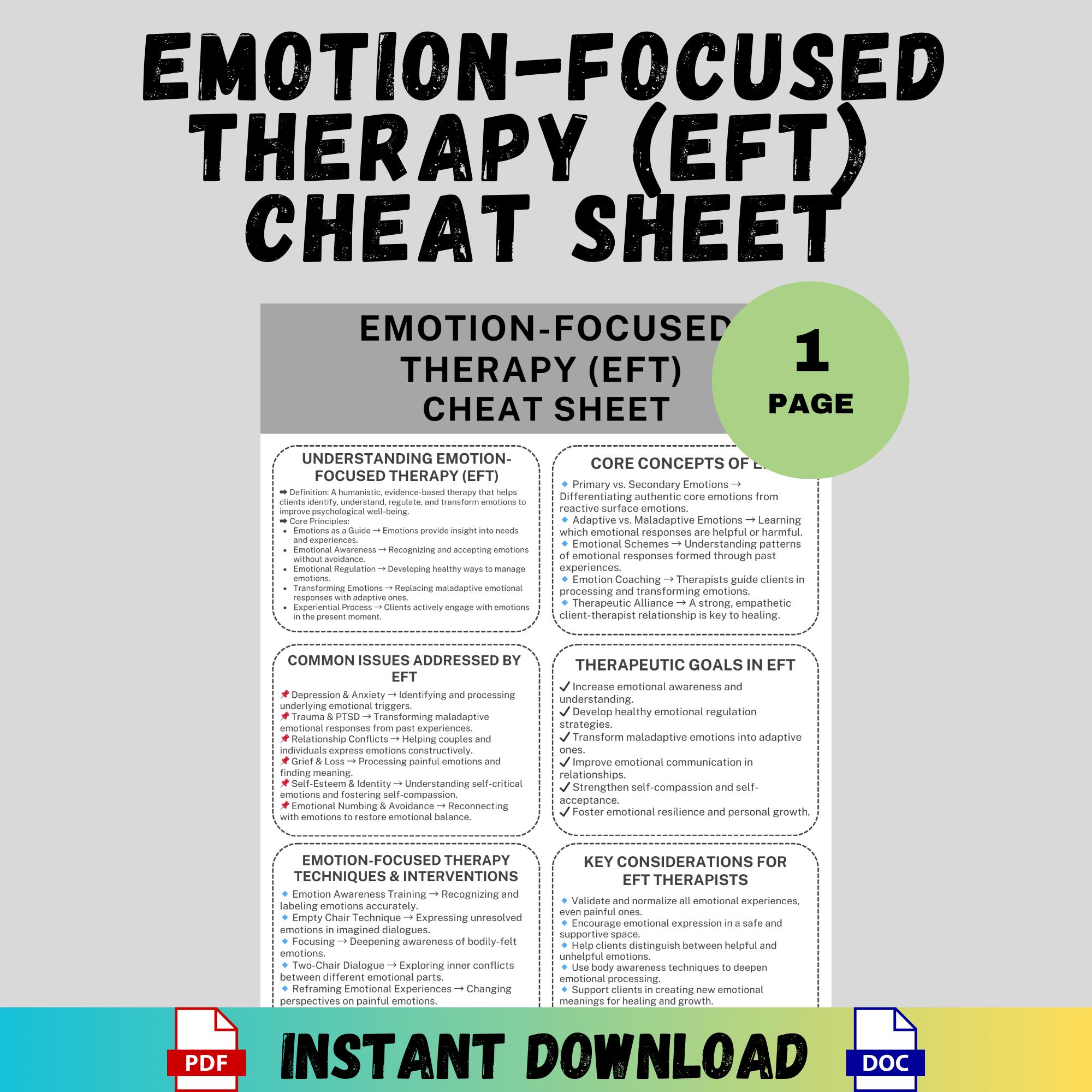 Emotion-focused Therapy EFT Cheat Sheet Printable Counseling Guide Therapy Techniques Quick ...