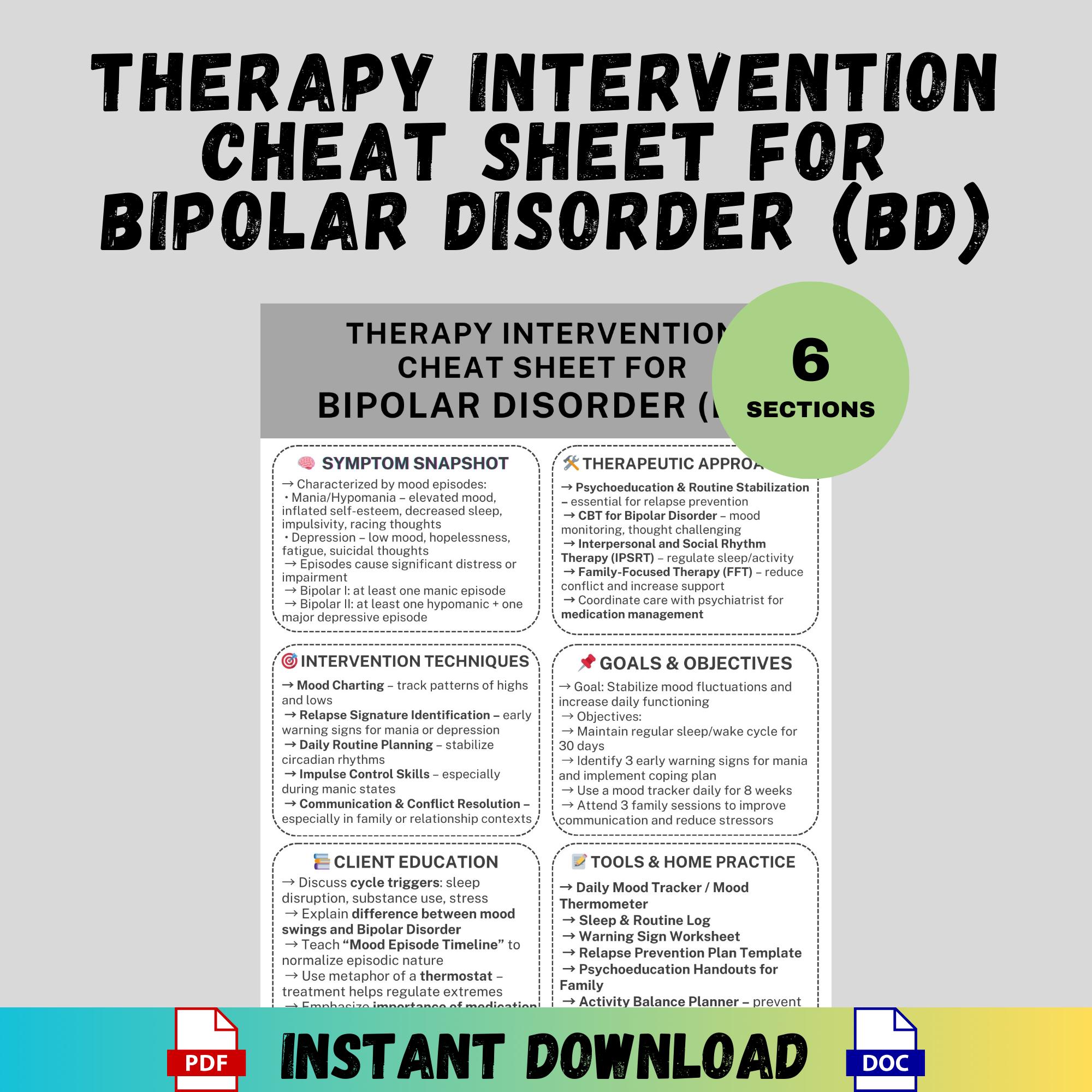 Bipolar Disorder Therapy Cheat Sheet Printable Mental Health Tool CBT ...