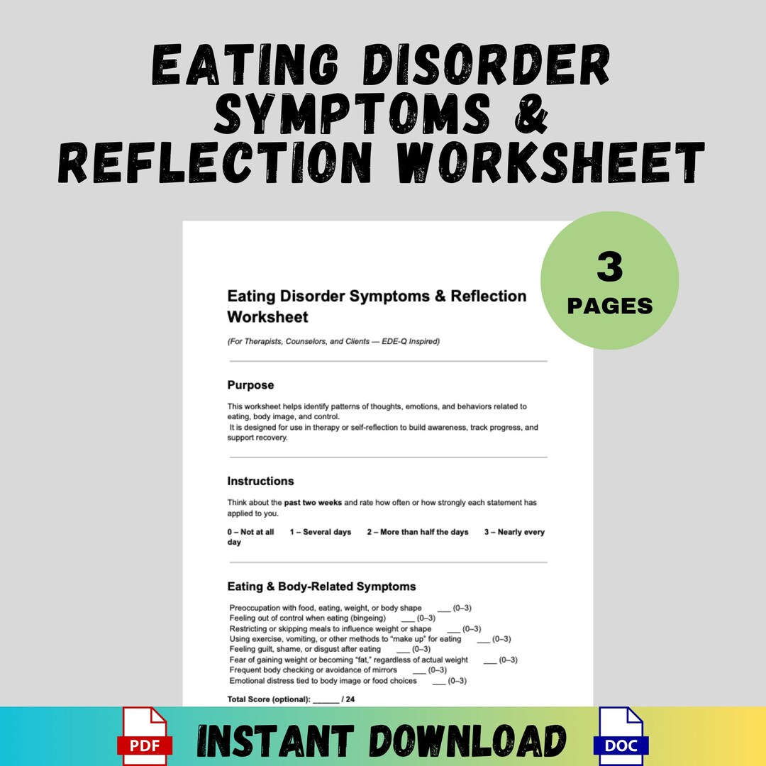 Eating Disorder Symptoms Reflection Worksheet Therapist Tool EDEQ ...