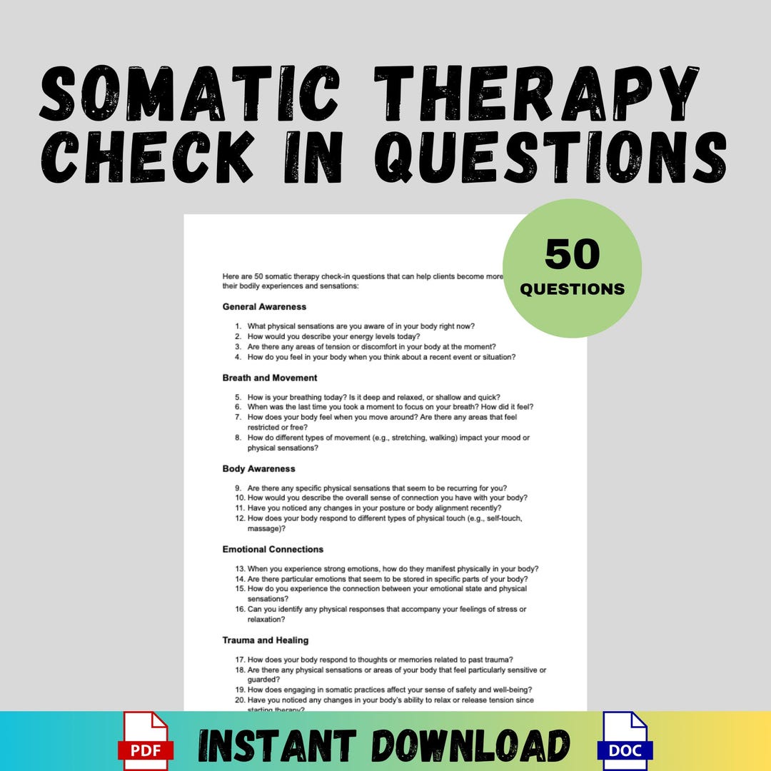 50 Somatic Therapy Check in Questions Worksheet PDF Word Counseling ...