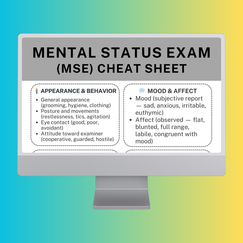 Mental Status Exam MSE Cheat Sheet PDF Quick Reference Guide Therapist ...