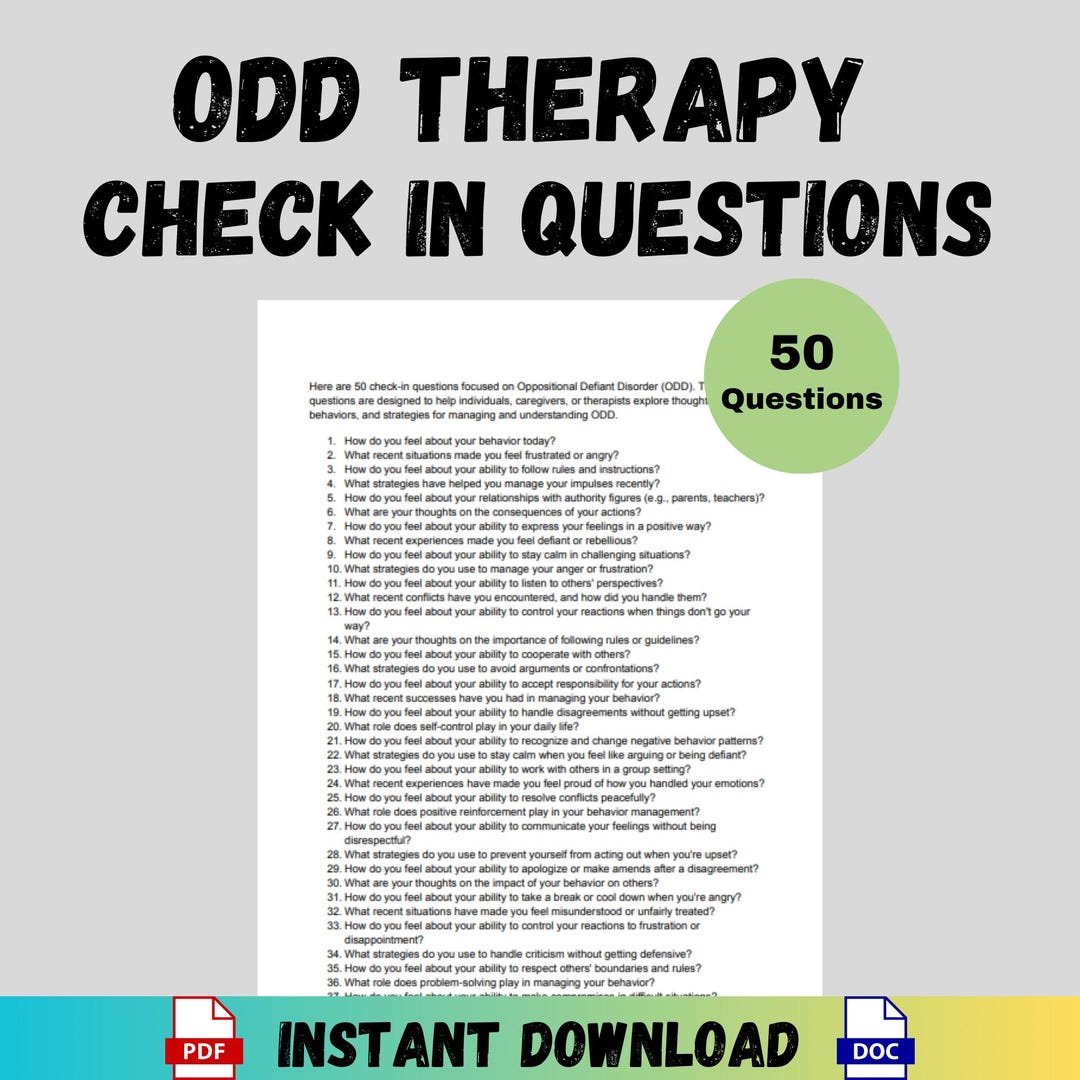 Oppositional Defiant Disorder Therapy Check in Questions Counseling ...
