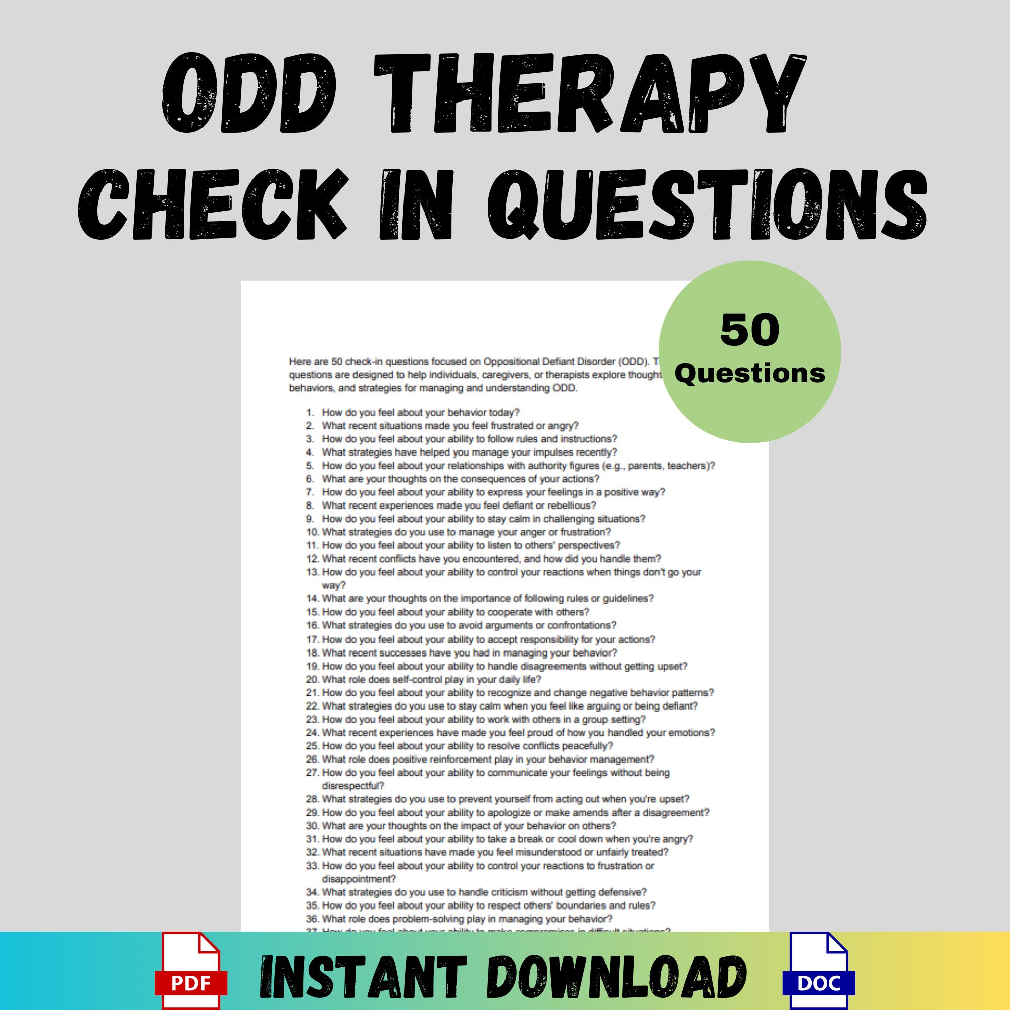 Oppositional Defiant Disorder Therapy Check in Questions Counseling ...