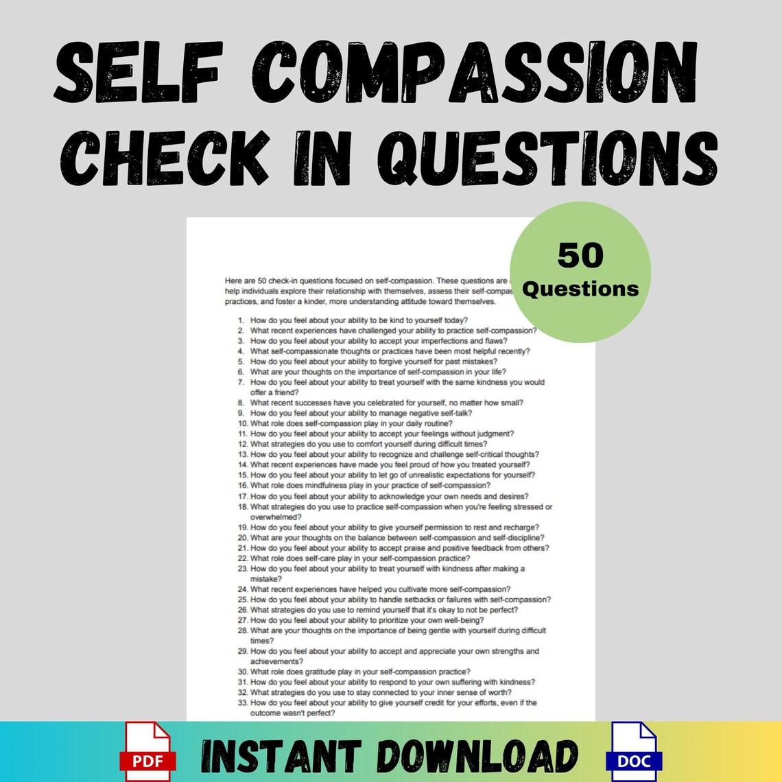 Self Compassion Therapy Check in Questions Counseling Tools Self Care ...