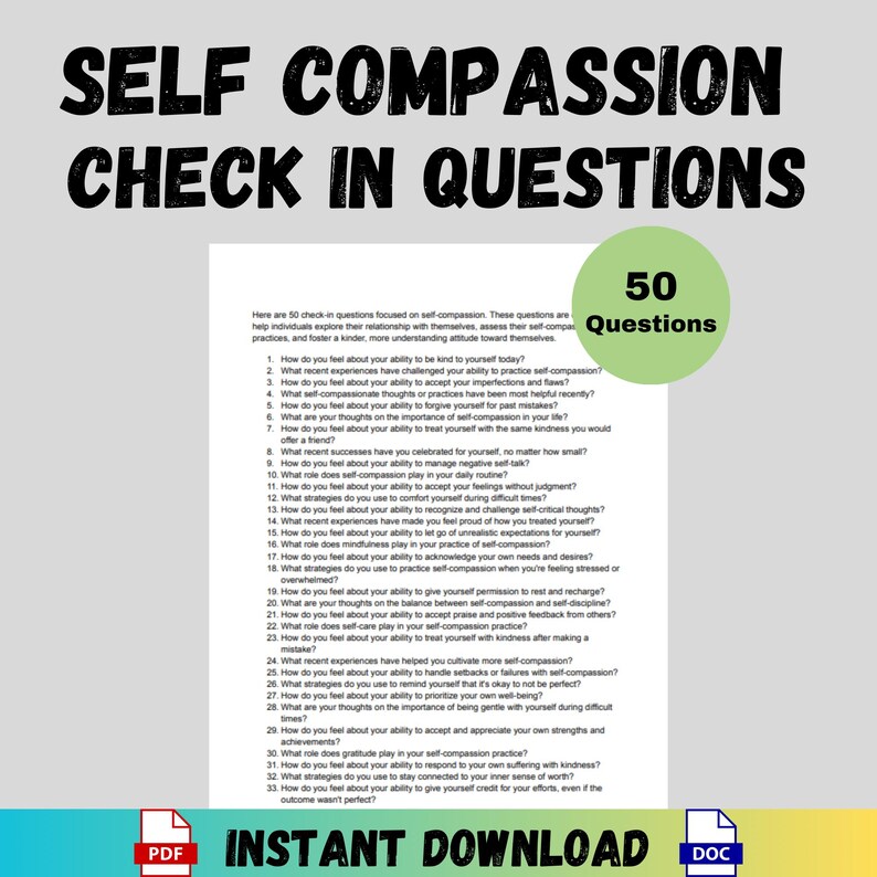 Self Compassion Therapy Check in Questions Counseling Tools Self Care ...
