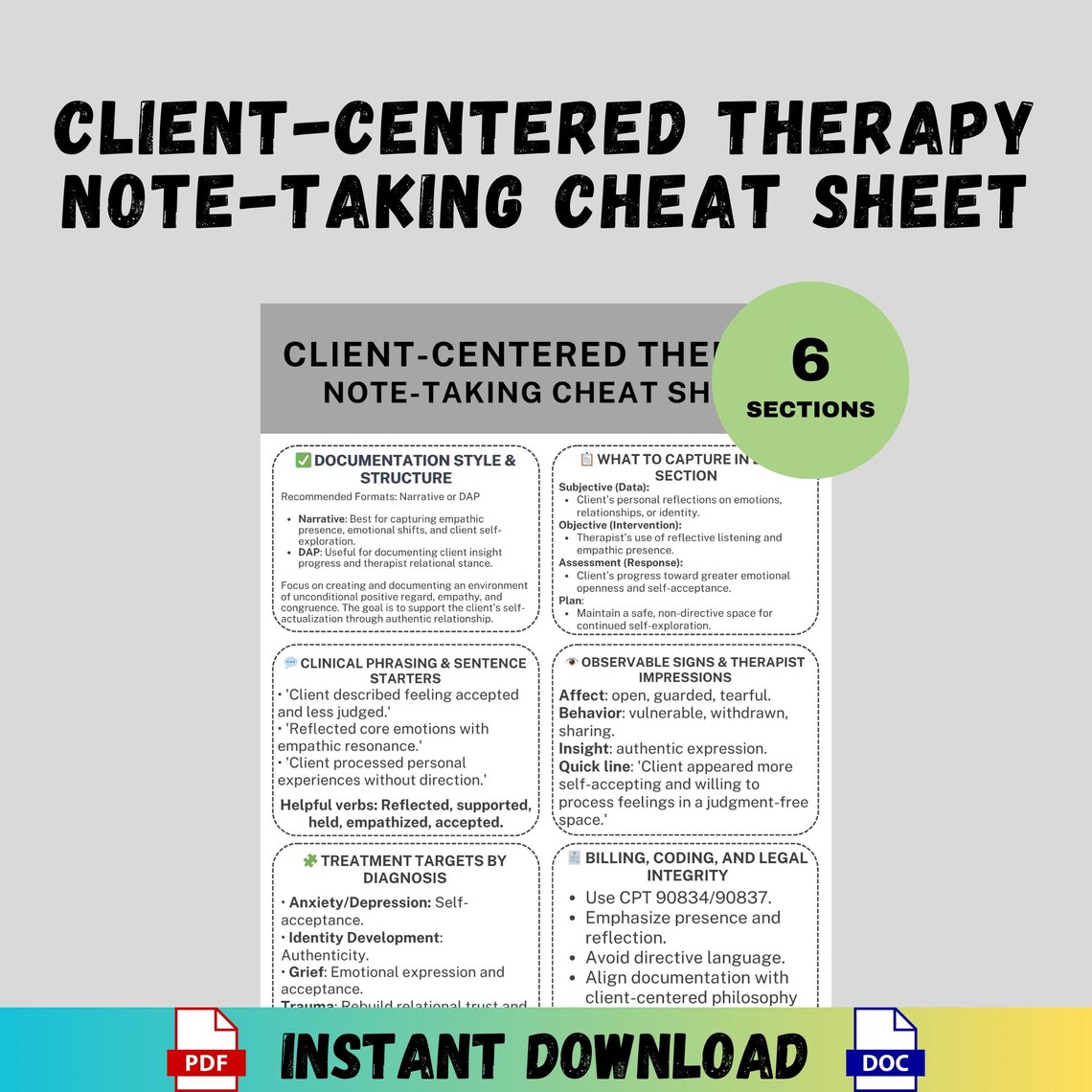 Client-centered Therapy Note-taking Cheat Sheet PDF SOAP DAP Clinical ...