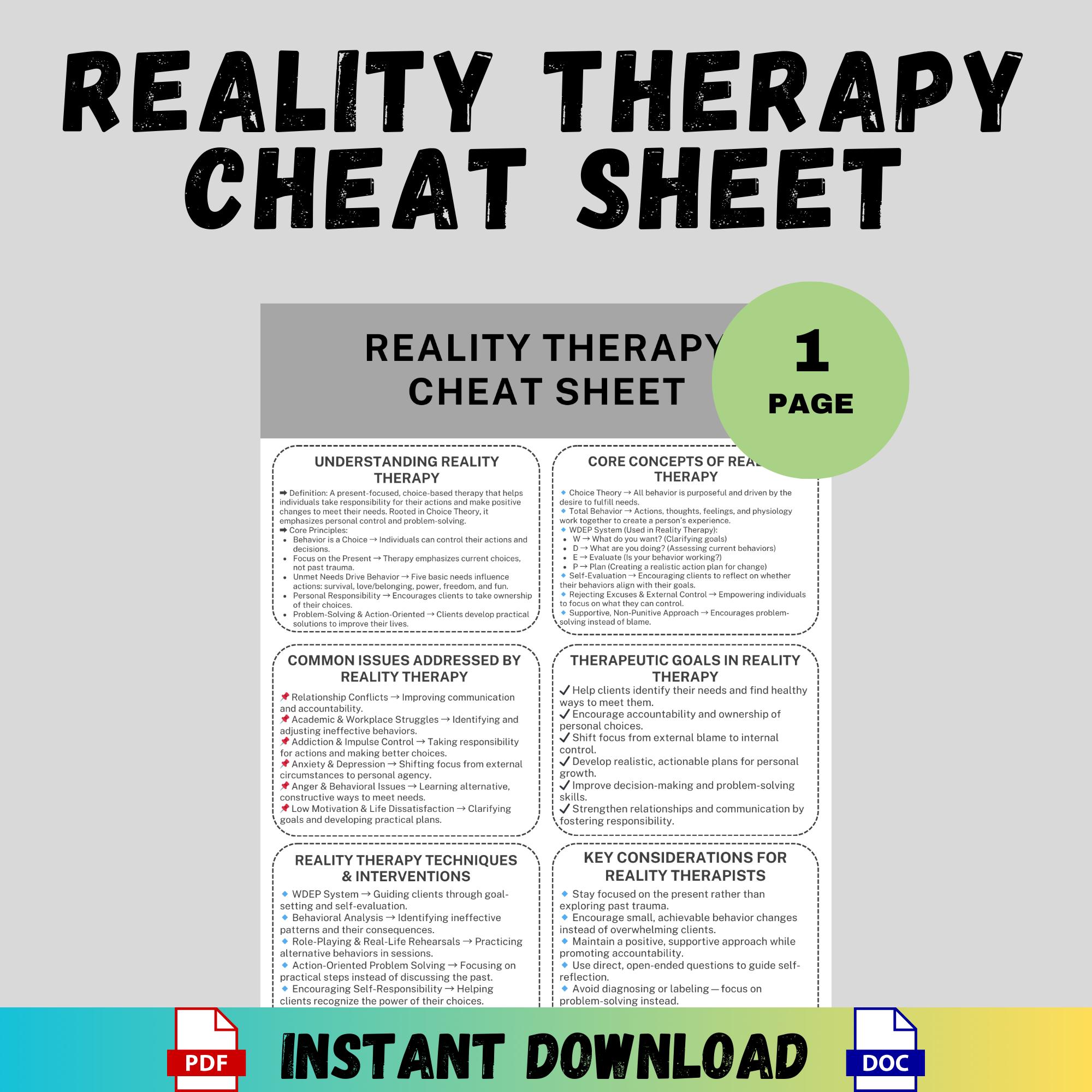 Reality Therapy Cheat Sheet Counseling Tools for Reality Therapy ...