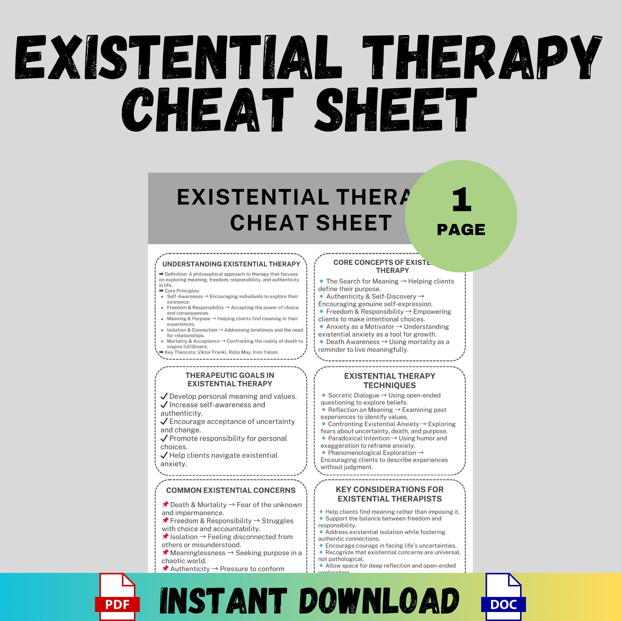 Existential Therapy Cheat Sheet Existential Counseling Guide Therapy ...