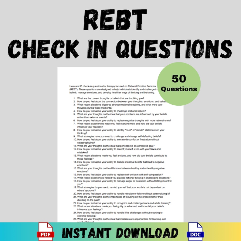 Rational Emotive Behavior Therapy Check in Questions REBT Counseling ...
