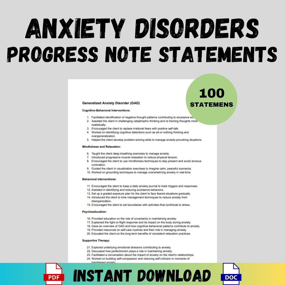 Anxiety Disorders Progress Note Statements Progress Notes Anxiety ...