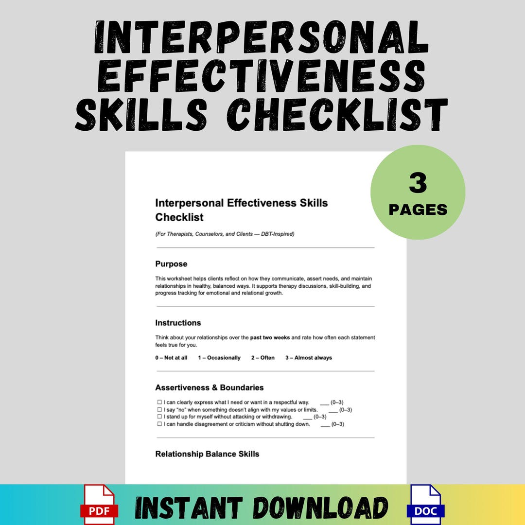 Interpersonal Effectiveness Skills Checklist Therapist Tool DBT ...