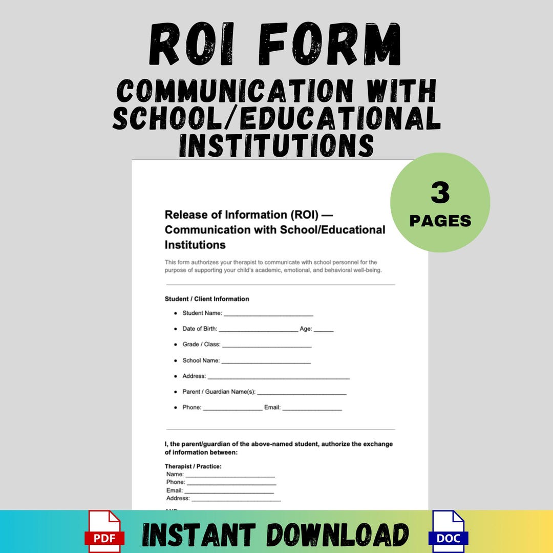 Release of Information School ROI Form Therapist Tool Editable Word ...