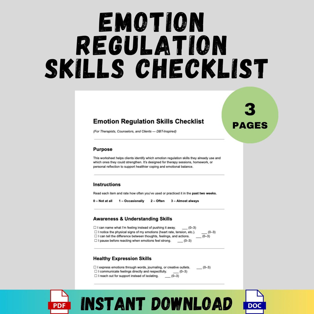 Emotion Regulation Skills Checklist DBT Worksheet for Therapists ...