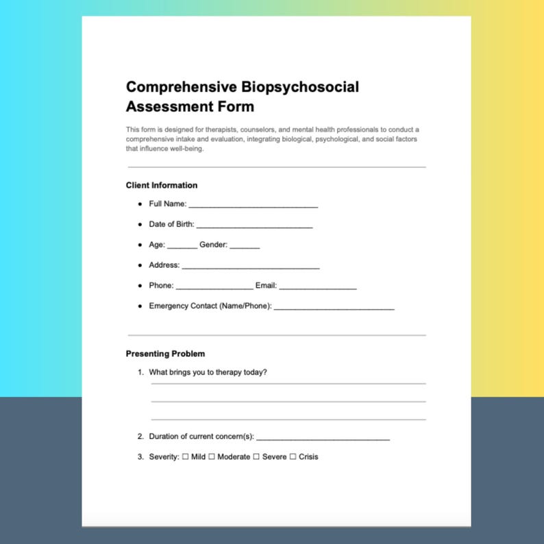 Comprehensive Biopsychosocial Assessment Form Therapist Tool Counseling ...