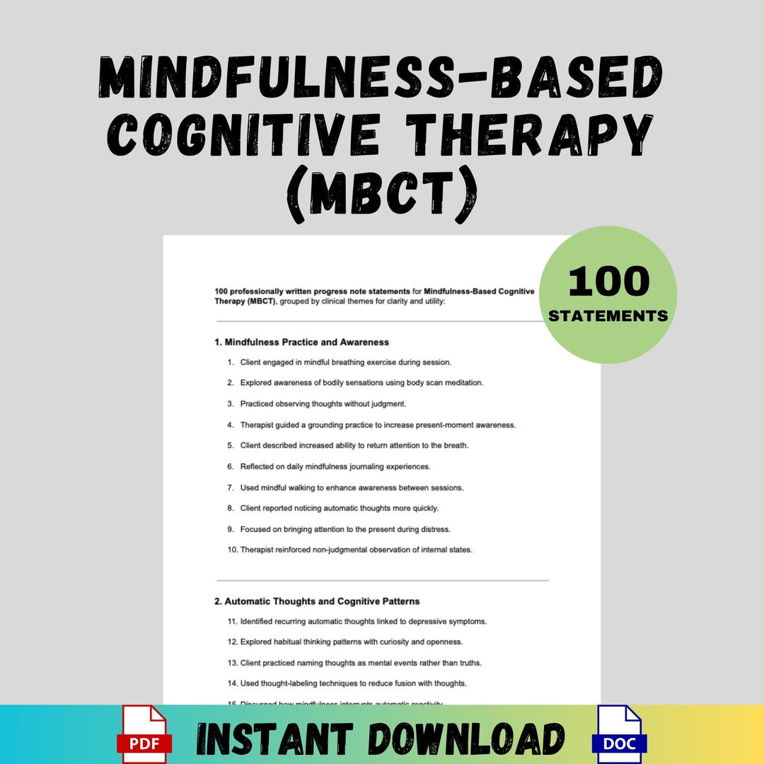 Mindfulness Based Therapy Progress Notes for Counselors Therapists ...