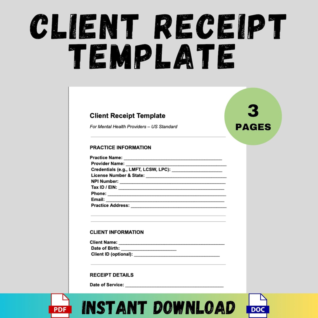 Client Receipt Template Editable Therapy Payment Receipt Counseling ...