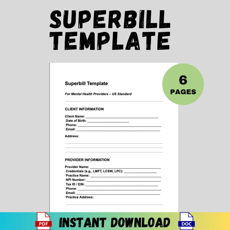 Superbill Template Editable Therapy Superbill Form Counseling Insurance ...