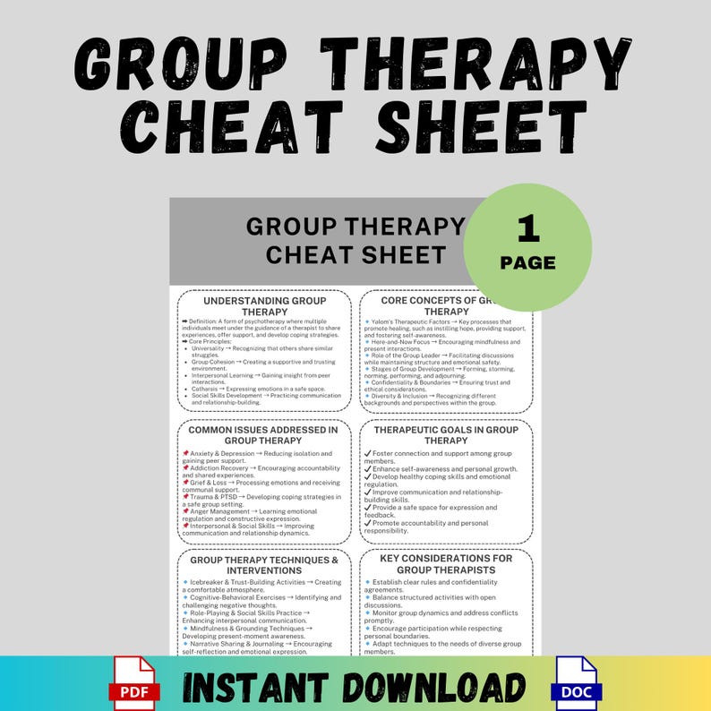 Group Therapy Cheat Sheet Counseling Tools Printable Guide Group ...