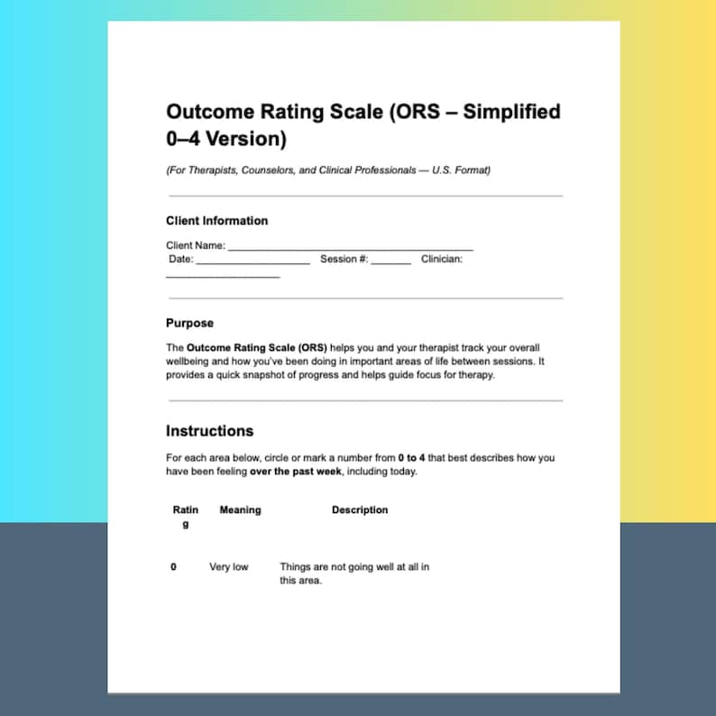 Outcome Rating Scale ORS Template Therapist Tool Editable PDF Word ...