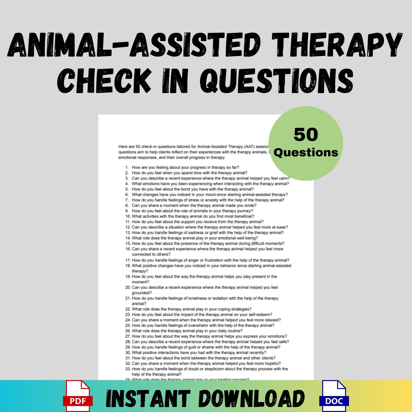 Animal Assisted Therapy Check in Questions Counseling Tools Therapist ...