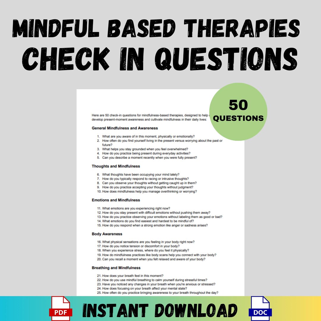Mindfulness Based Therapies Questions Therapy Tools Printable PDF Word ...