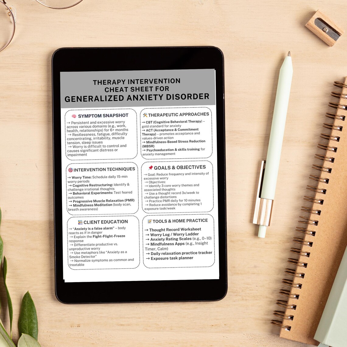 GAD Therapy Intervention Cheat Sheet Printable Counseling Tool Anxiety ...
