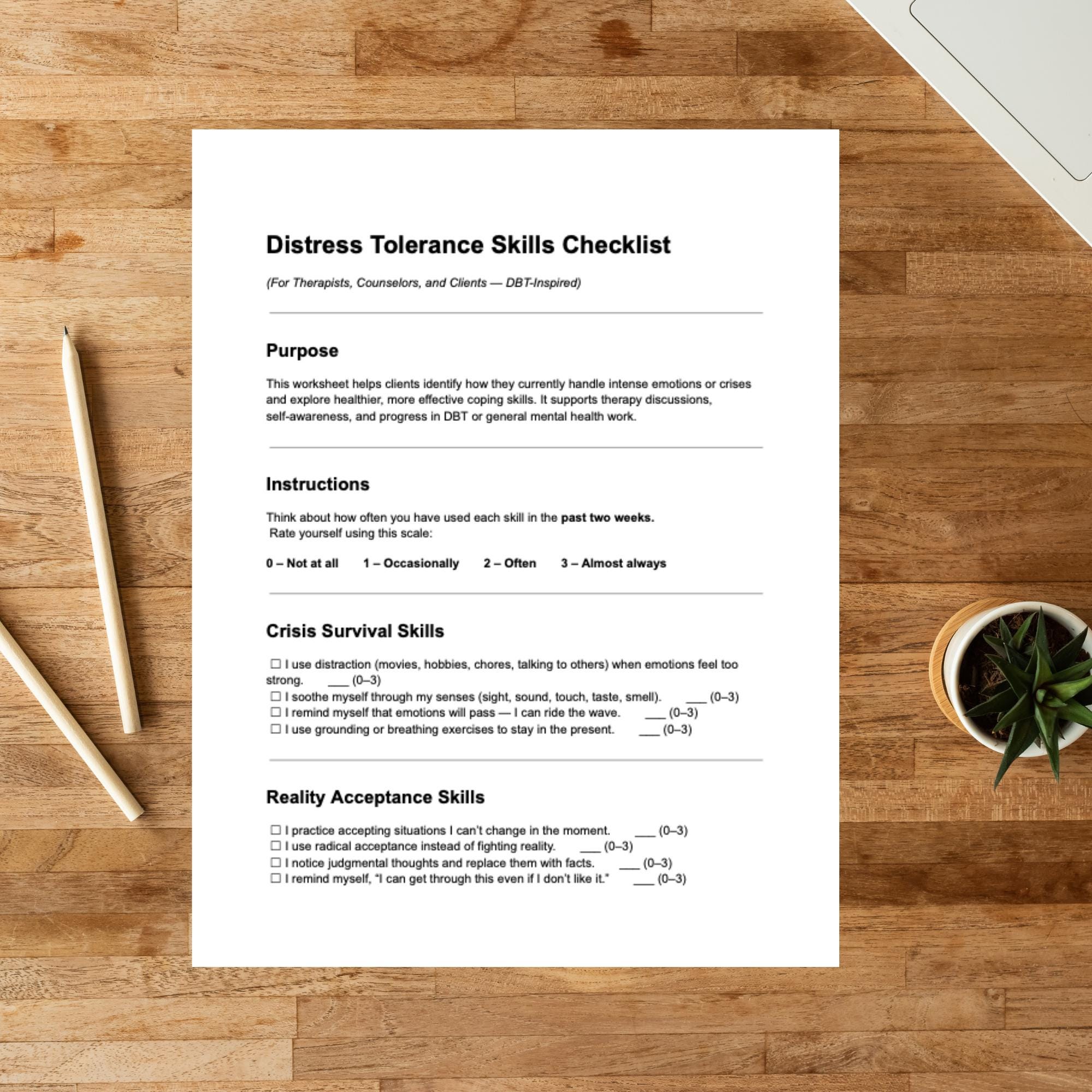 Distress Tolerance Skills Checklist Therapist Tool DBT Editable Coping ...