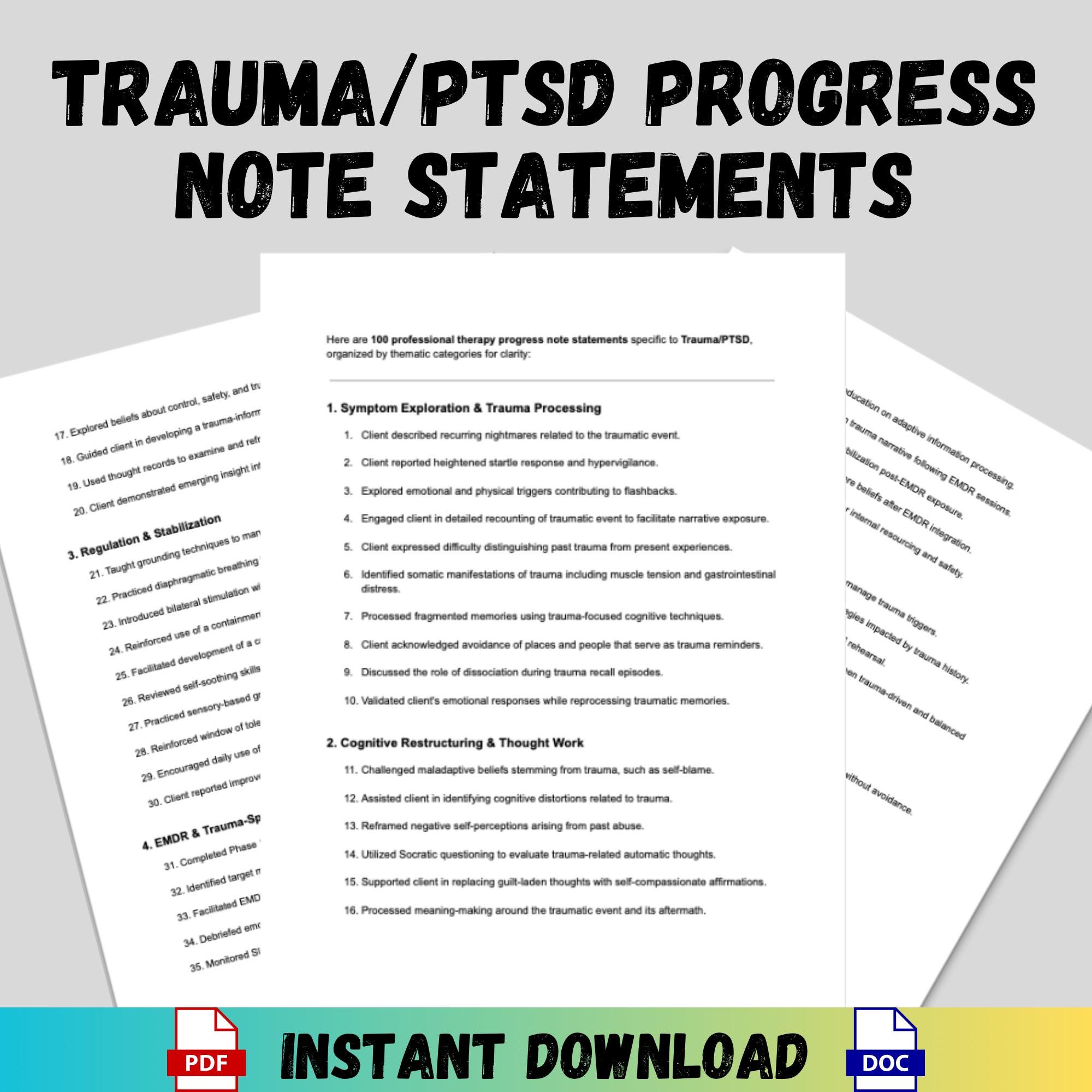 Trauma PTSD Progress Note Statements Therapist SOAP DAP Clinical ...