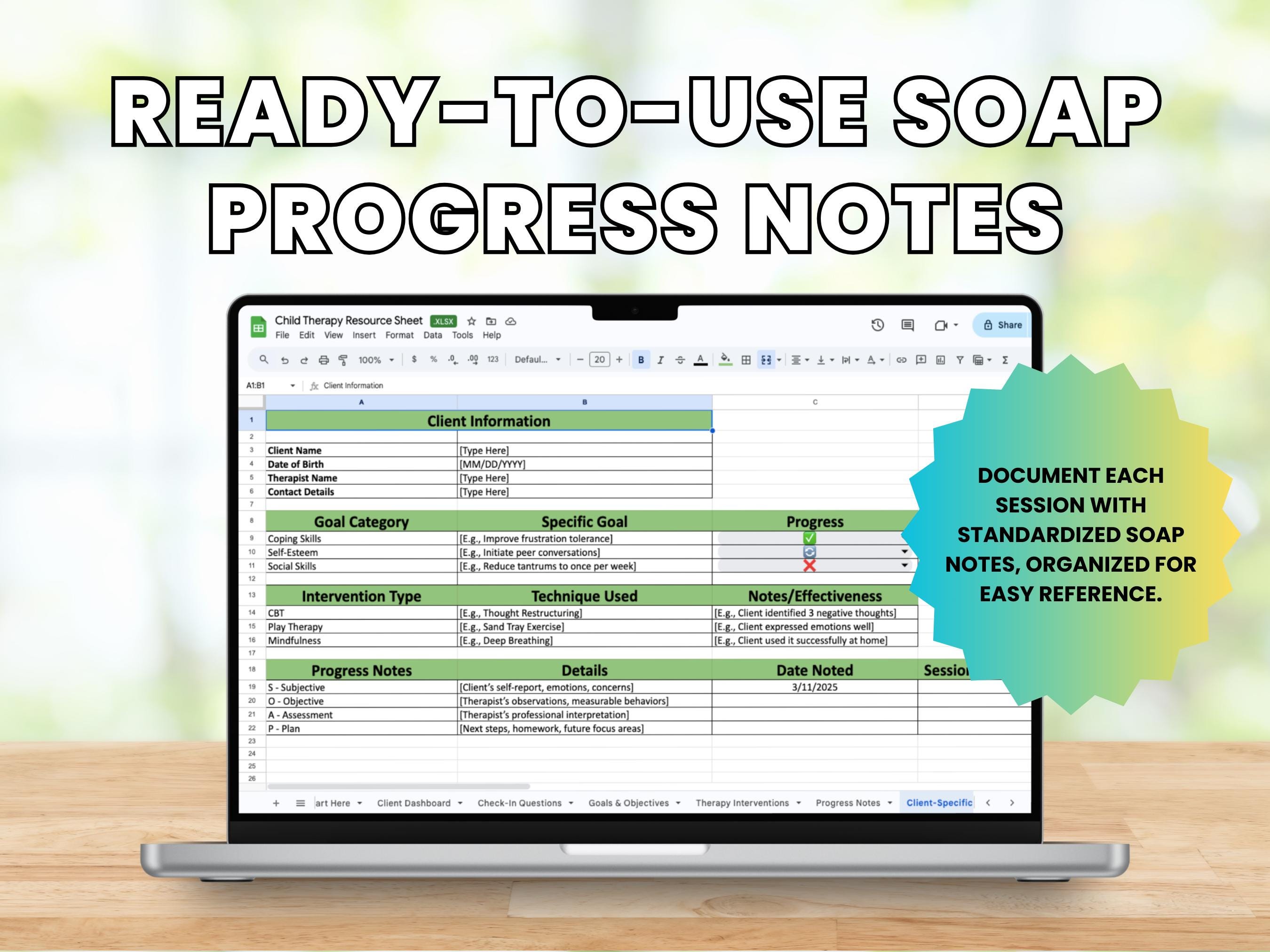 Child Therapy Tracker Printable SOAP Notes Goal Setting Therapist ...