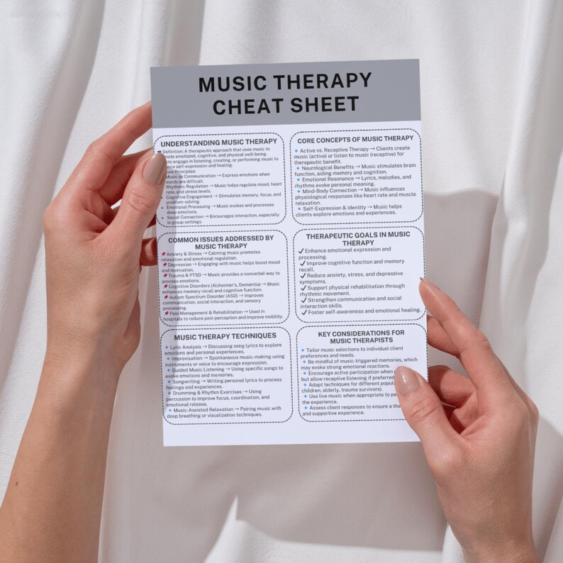 Music Therapy Cheat Sheet Printable Counseling Guide for Therapists ...